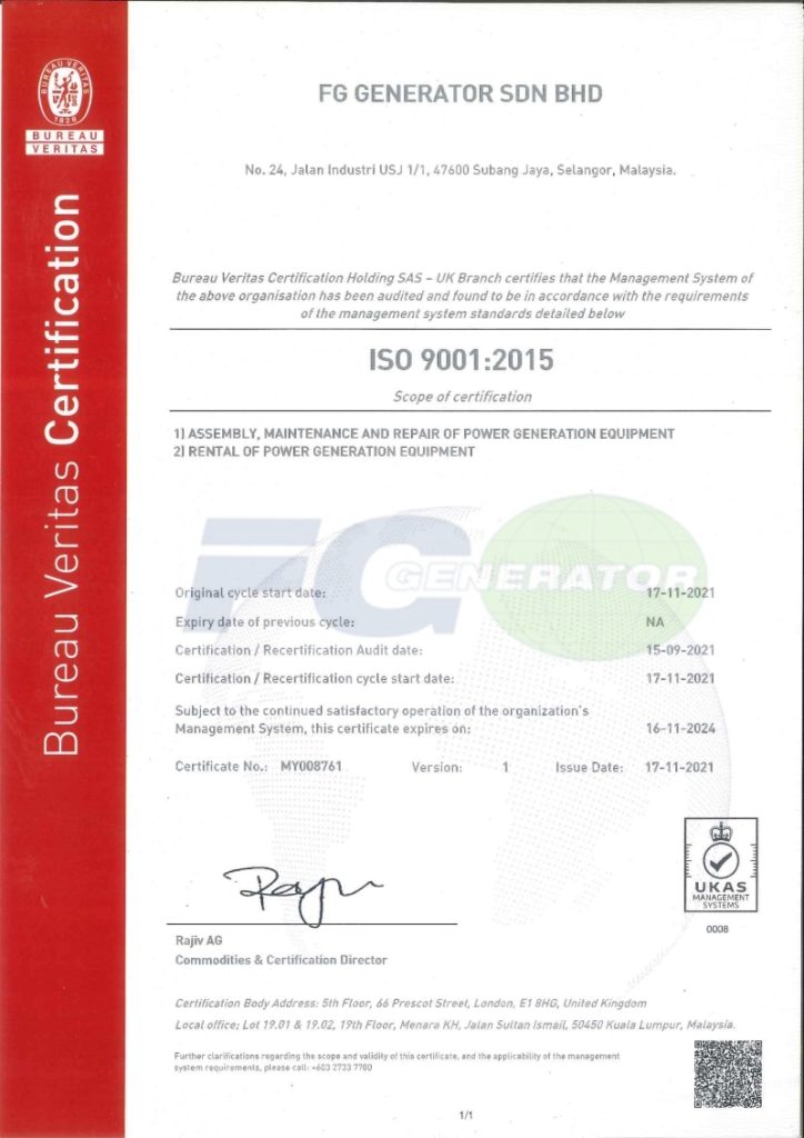 Our Certificate – FG GENERATOR SDN. BHD.
